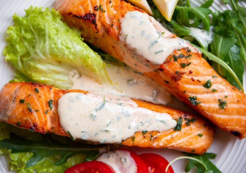 Cooked Salmon Fish Fillet with Herbs and Vegetables Stock Image - Image ...