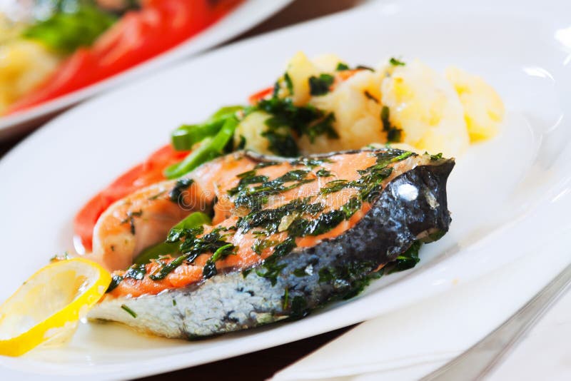 Cooked Salmon Fish on the Plate Stock Photo - Image of cafe, food: 66097022
