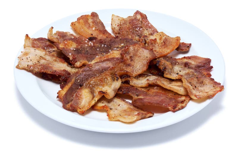 Cooked Slices of Bacon on White Ceramic Plate Isolated on White ...