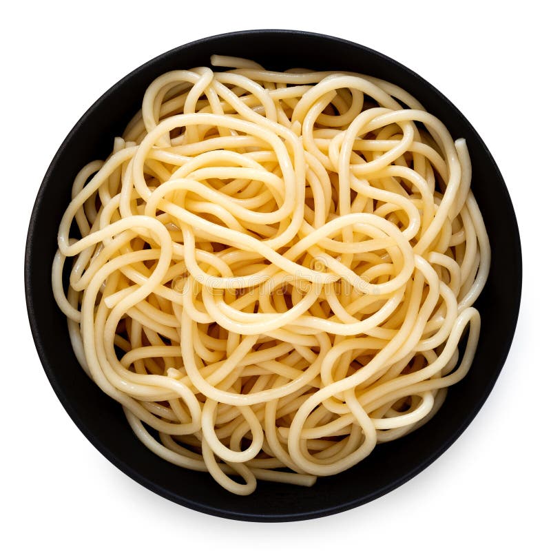 Cooked Spaghetti in a Black Ceramic Bowl Isolated on White from Above ...