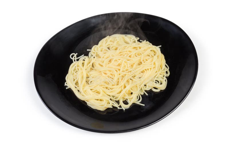 Cooked Spaghetti Pasta on Black Dish on a White Background Stock Image ...