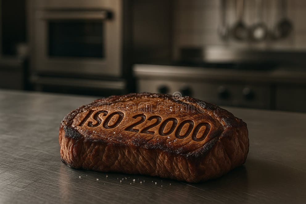 Cooked Steak with ISO 22000 Marking on Surface Placed in Certified Food ...