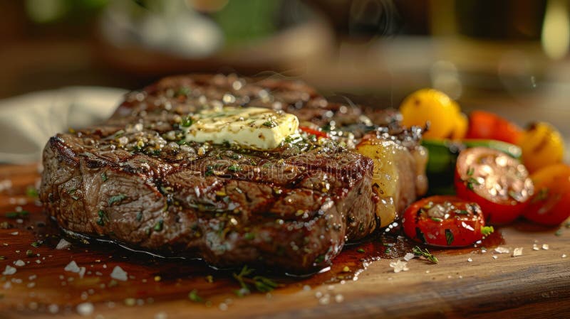 A Cooked Steak with Vegetables on a Wooden Board. Stock Photo - Image ...