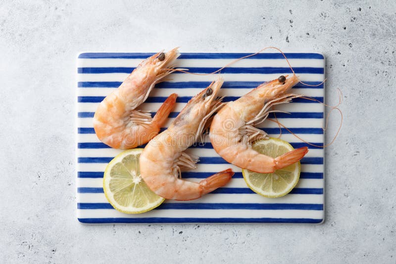 Cooked Tiger Prawns on Striped Plate Stock Image - Image of gourmet ...