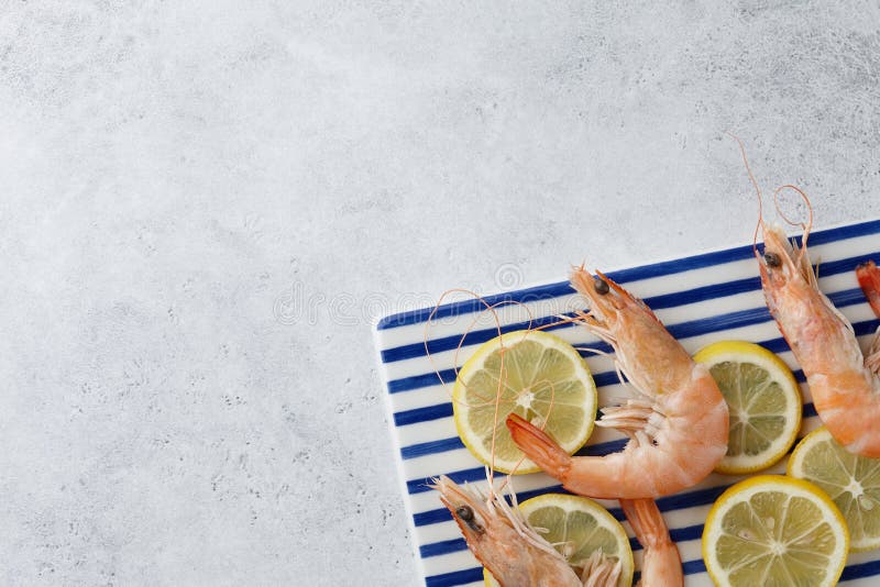 Cooked Tiger Prawns on Striped Plate Stock Image - Image of rectangular ...