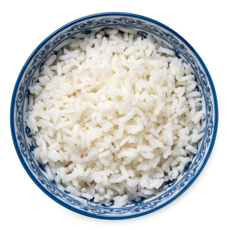 Cooked White Rice in an Asian White and Blue Ceramic Bowl Isolated on ...