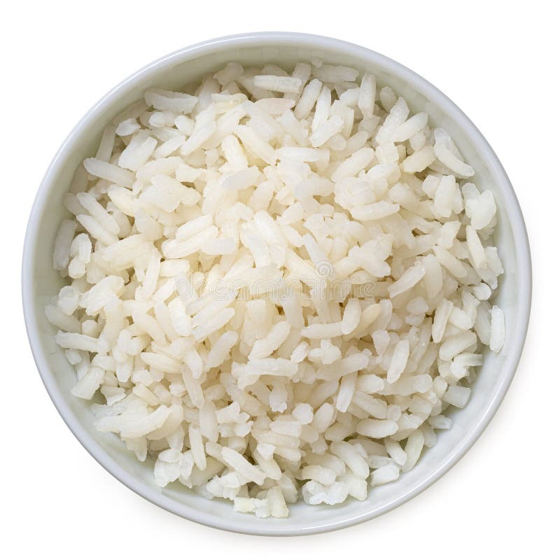Cooked White Rice in a White Ceramic Bowl Isolated on White from Above ...