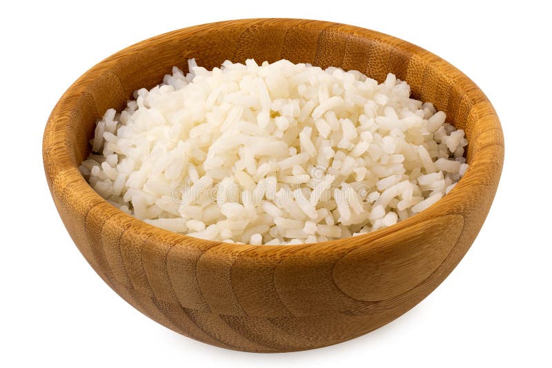 Cooked White Rice in a Dark Wood Bowl Isolated on White Stock Photo ...