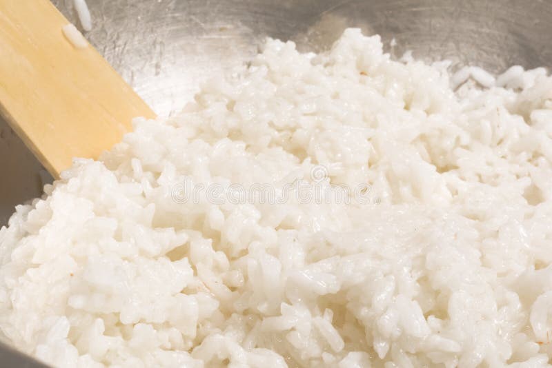 Cooked White Rice in a Metal Bowl and Wooden Spoon Stock Image - Image ...