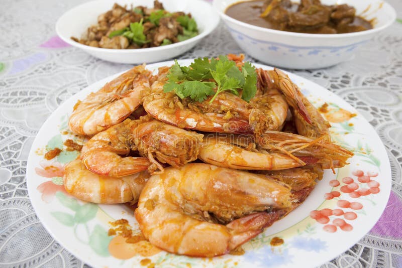 Cooked Whole Prawns with Garlic Sauce Closeup Stock Image - Image of ...