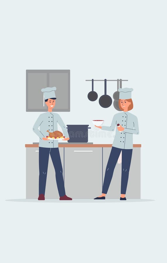 Cookes or Restaurant Workers at Kitchen Flat Vector Illustration ...