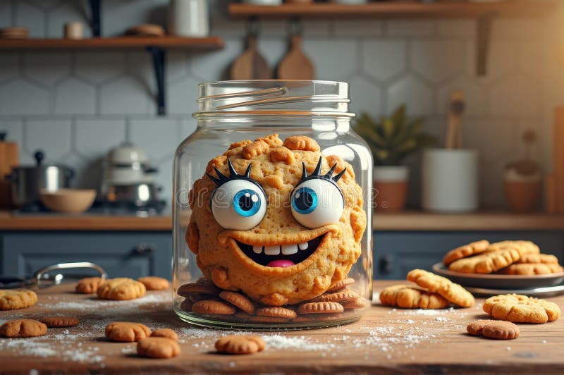 Cookie with Animated Face in Jar on Kitchen Counter Stock Illustration ...