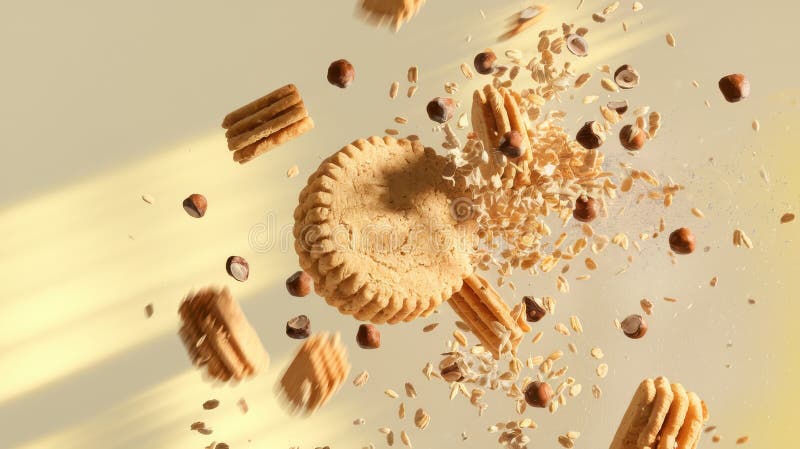 Cookie Breaking into Pieces with Scattered Crumbs on Beige Background ...