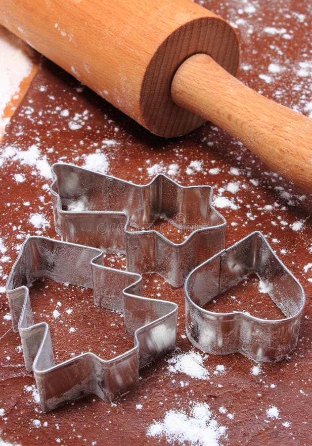 Cookie Cutters and Rolling Pin on Dough for Gingerbread Stock Image ...