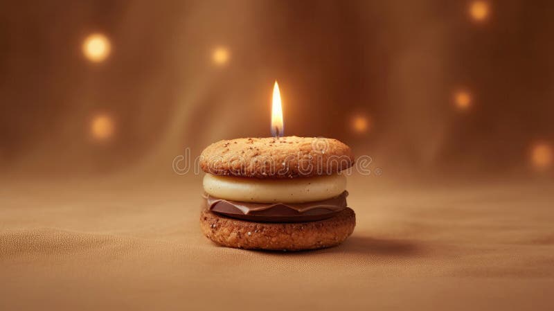 Cookie Sandwich with One Candle on a Beige Background Greeting Card ...