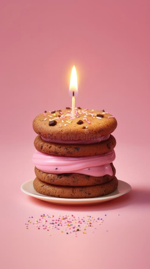 Cookie Sandwich with One Candle on a Pink Background Greeting Card ...