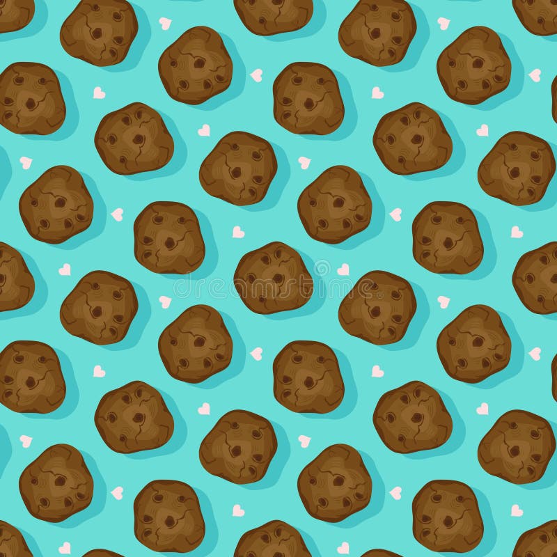 Cookies with Chocolate Chips Pieces and Hearts Seamless Pattern Stock ...