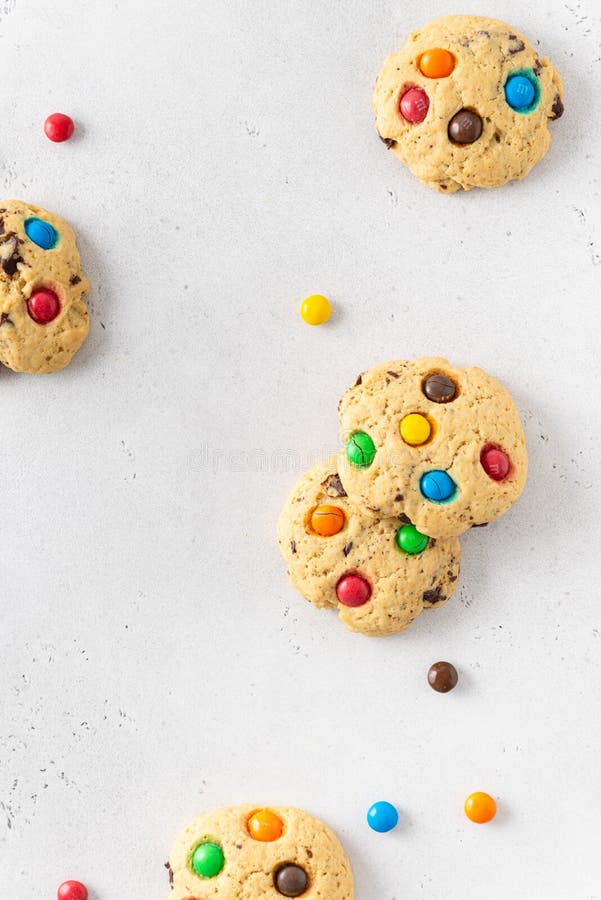 Cookies with Colorful Candies and Chocolate Chips on White Background ...