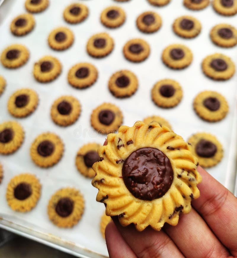 Cookies with Dark Chocolate Jam on Hand Stock Photo - Image of ...