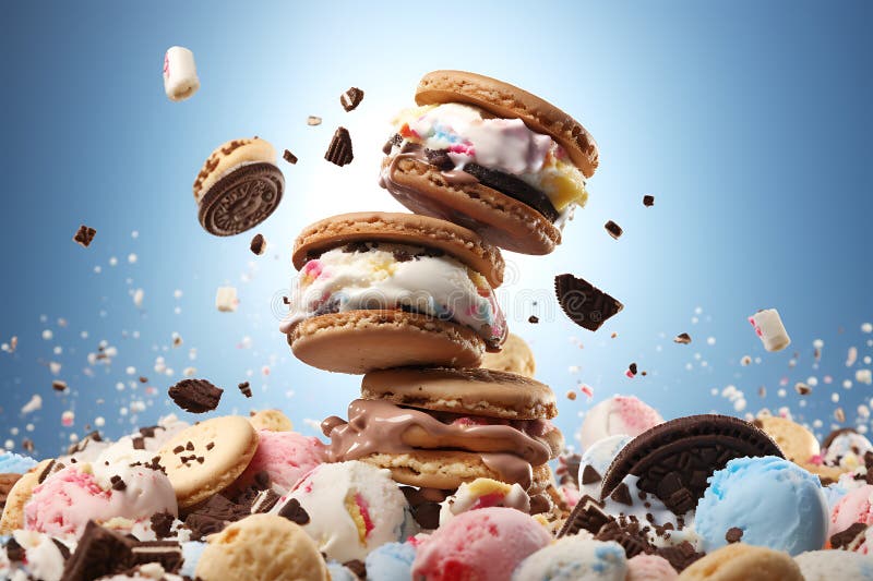 Cookies Falling into the Air with Splashes of Confectionery Stock ...