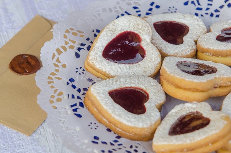 Cookies in the Shape of Heart with Raspberry Jam Stock Image - Image of ...
