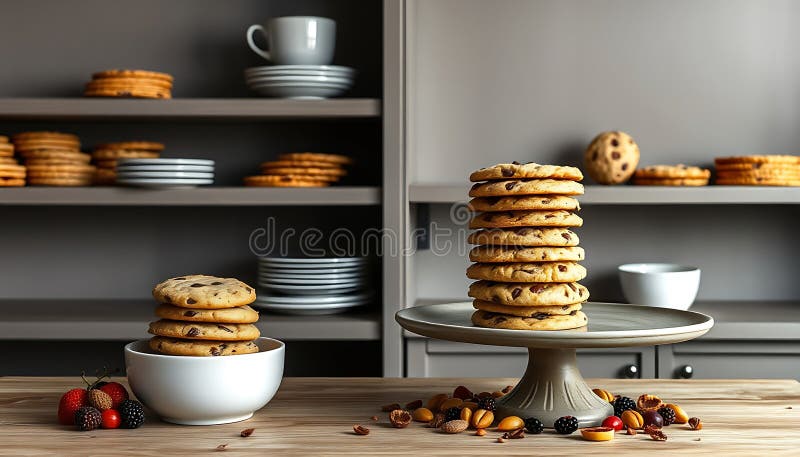 Cookies Stack on Shelf, Bakery Display Generative AI Stock Illustration ...