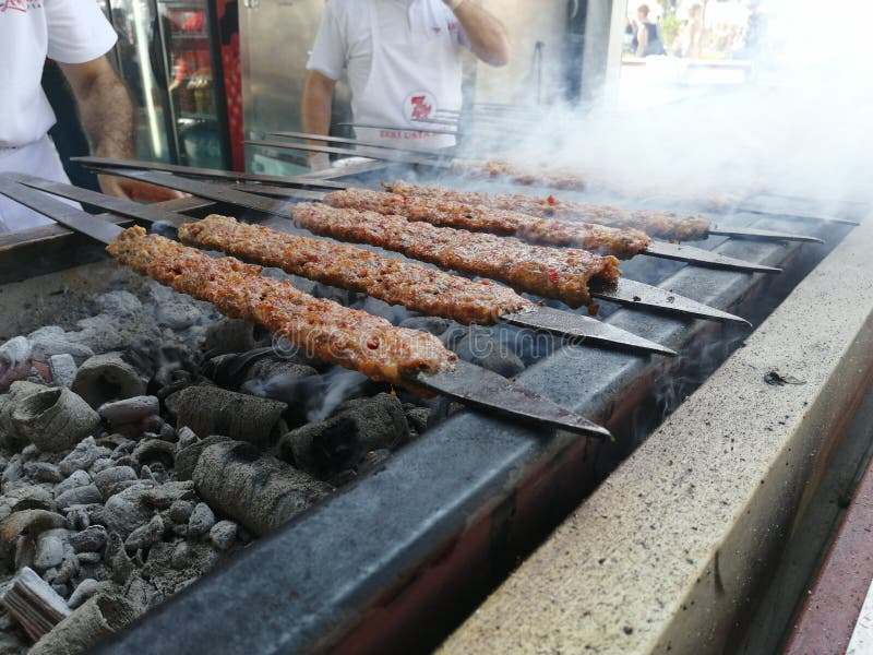 Cooking Adana Kebabs on the Restaurant Style Grill Editorial ...