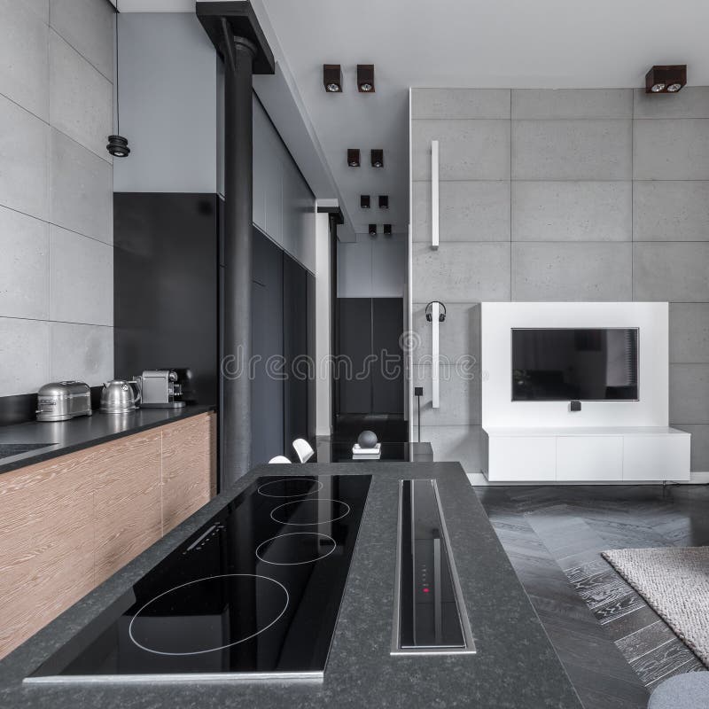 Cooking Area in Multifunctional Apartment Stock Photo - Image of ...