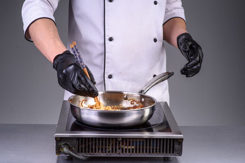 Cooking Asian Noodles with Meat for a Restaurant Menu9 Stock Photo ...