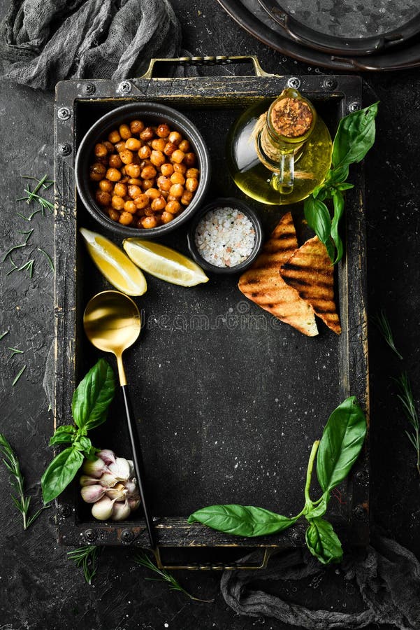 Cooking Background: Chickpeas, Spices, and Herbs. on a Concrete ...
