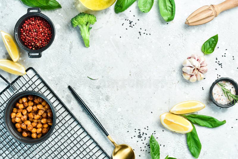 Cooking Background: Chickpeas, Spices, and Herbs. on a Concrete ...