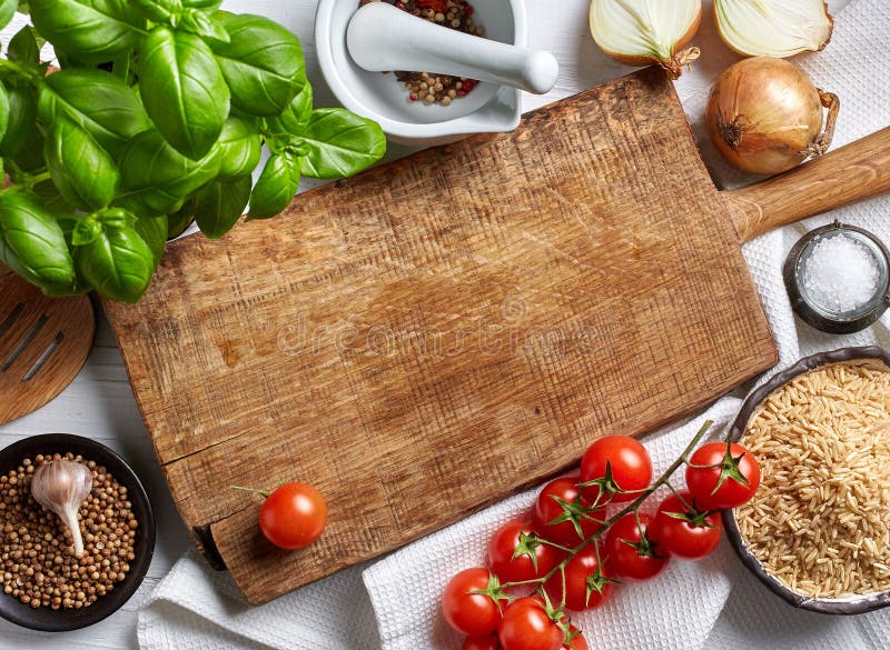 Cooking Background with Old Cutting Board Stock Photo - Image of rustic ...