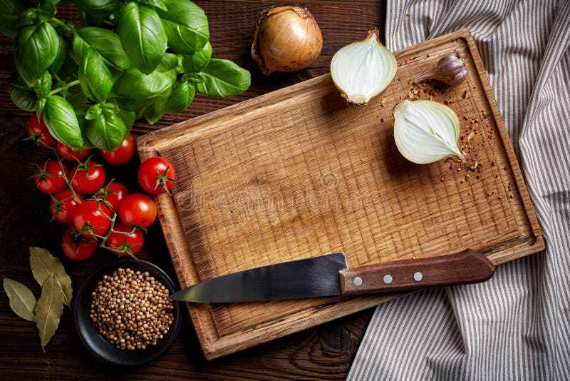 Cooking Background with Old Cutting Board Stock Photo - Image of ...