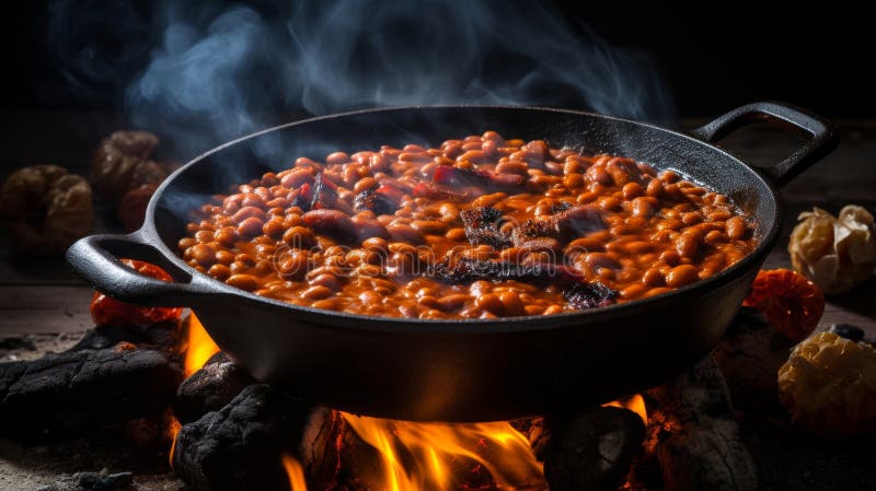 Cooking Baked Beans with Bacon in a Cast-iron Pan on the Fire Stock ...