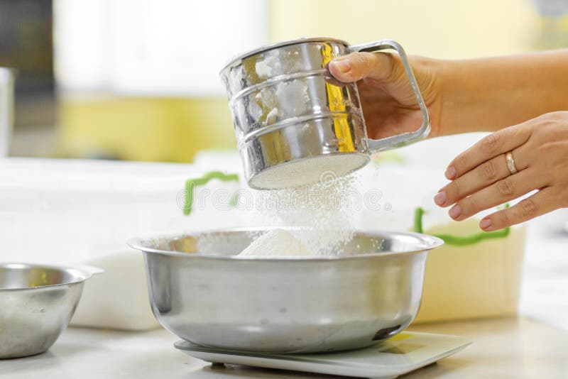 Close-up Sift through Whole Wheat Flour Sieve for Making Bread or Buns ...