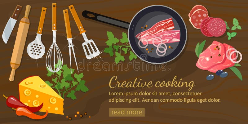 Cooking Food Kitchenware on the Table Top View Stock Vector ...