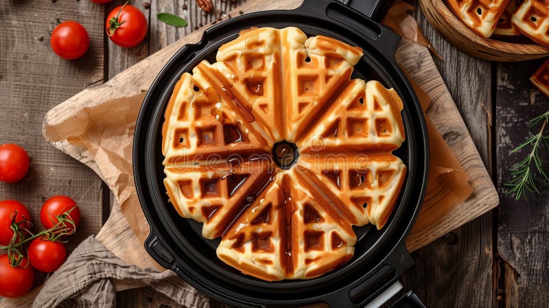 Cooking Belgian Waffles in an Electric Round Waffle Iron, Top View ...