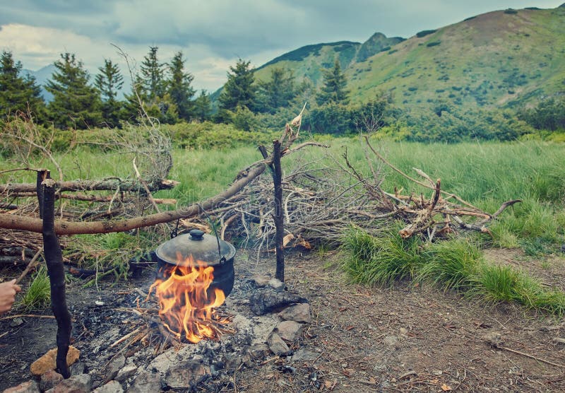 Cooking Breakfast on Fire in Mountains Stock Image - Image of camping ...