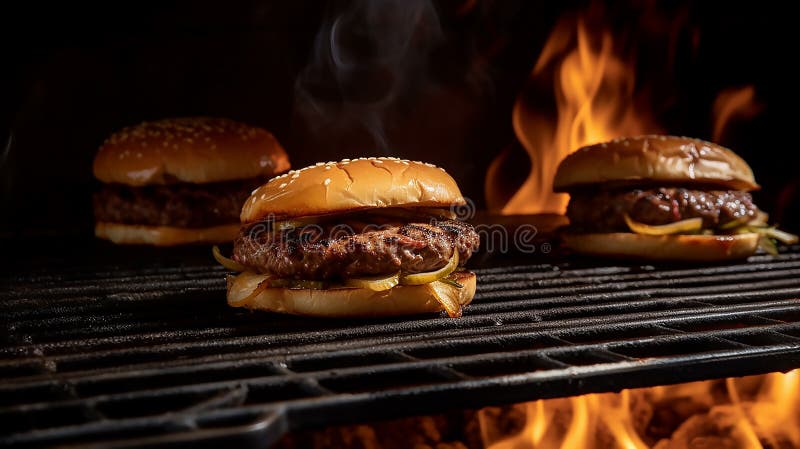 Cooking Burgers on a Hot Grill with Flames, Generative AI Tools Stock ...
