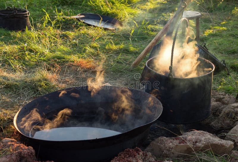 Cooking in the Camp on Open Air Stock Image - Image of outdoor, bonfire ...