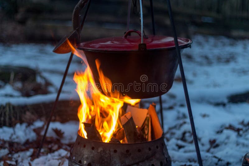 Cooking on campfire stock image. Image of snow, prepairing - 129155717