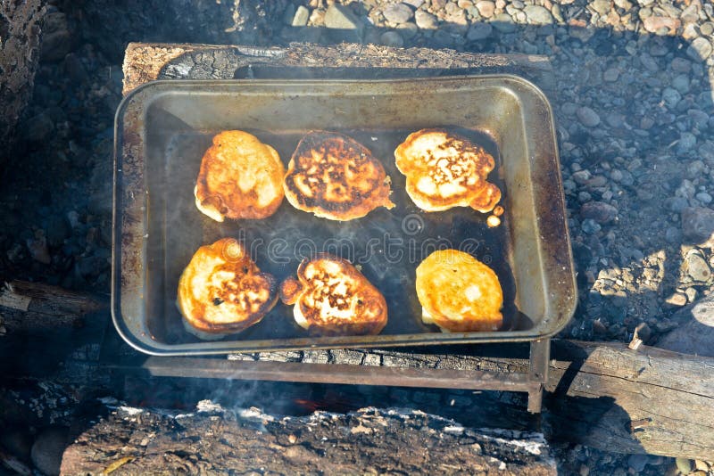 Cooking on the Campfire Pancakes for Breakfast. Stock Photo - Image of ...