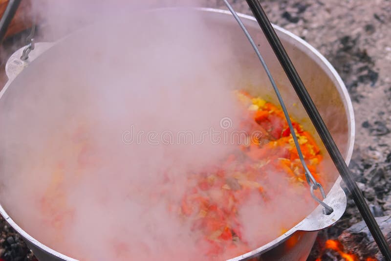 Cooking in Cauldron on Campfire at Forest Stock Image - Image of bowler ...