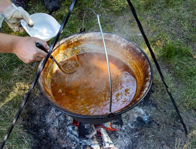 Cooking in a Cauldron on an Open Fire in Nature Stock Image - Image of ...