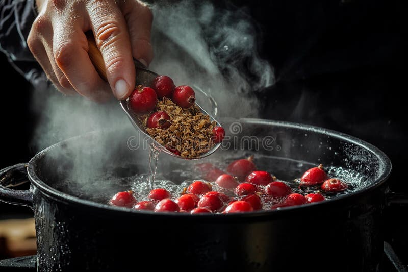 Cooking Cherry Compote with Fragrant Spices in a Rustic Kitchen Setting ...