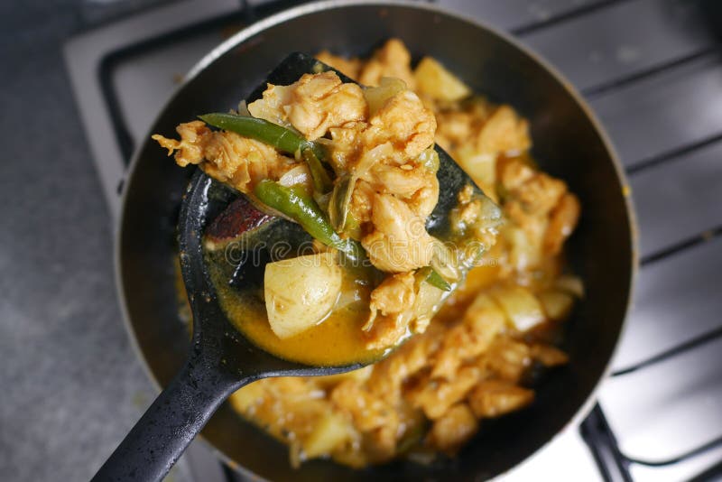 Cooking Chicken Curry in a Cooking Pan Stock Image - Image of green ...