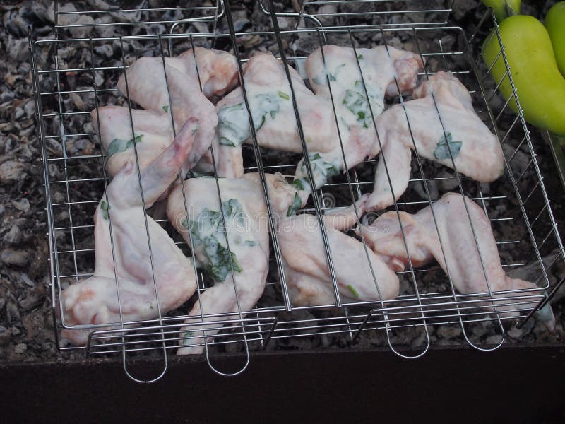 Cooking Chicken Wings on the Grill Over the Coals. Stock Image - Image ...