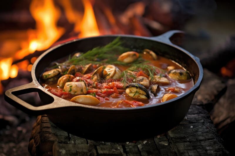 Cooking Cioppino in a Cast Iron Skillet Over Fire Stock Illustration ...