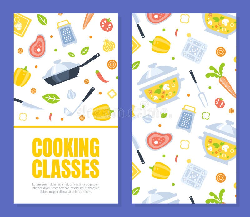 Cooking Class Card Template with Kitchen Utensils Seamless Pattern ...