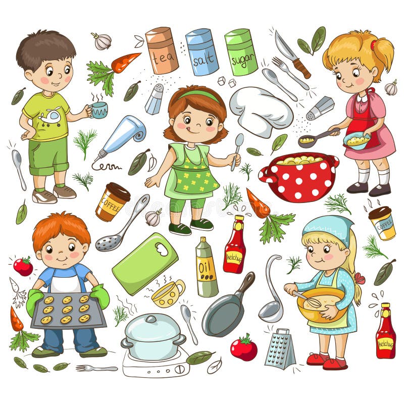 Chef Kids and Kitchen Elements. Cooking Class. Stock Vector ...